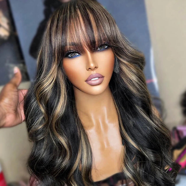 Highlights on Black Wig with Bangs Throw on & Go Body Wave Cost ...