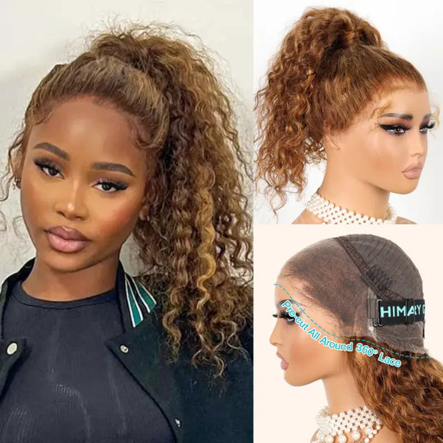 360 Water Wave Highlight Ombre Color Lace Wig With Invisi Drawstring ...
