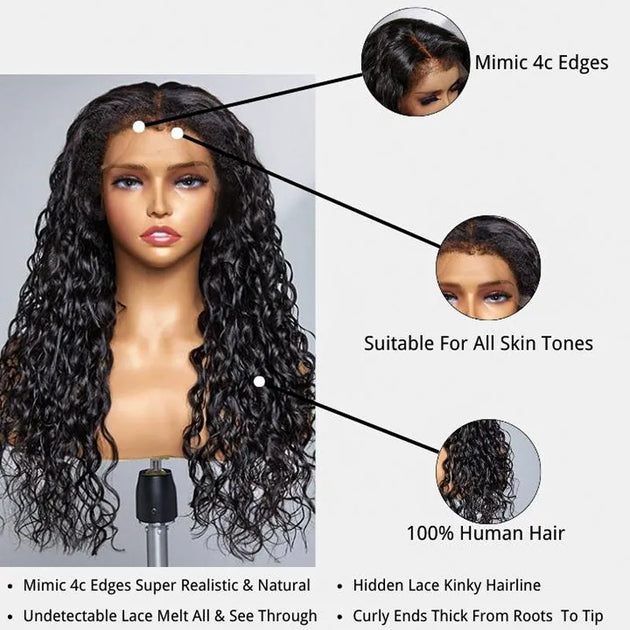 4C Hairline Wigs - Water Wave 4x4 & 4x6 Lace Closure with Realistic Ha ...