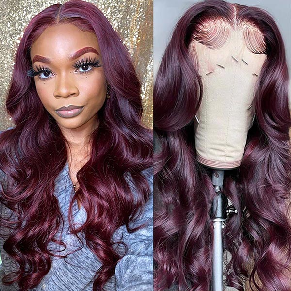 Dark 99J Burgundy Body Wave 13x4 Frontal Lace Glueless Wig 100% human – ashimaryhair