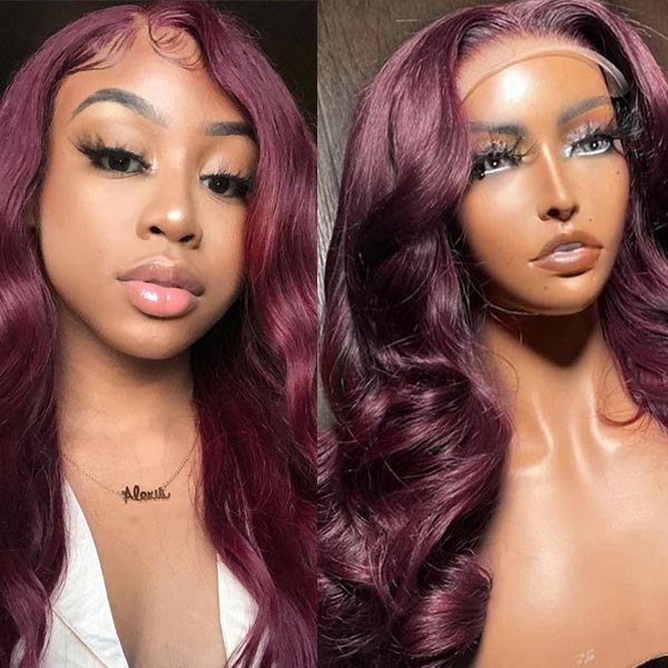 Dark 99J Burgundy Body Wave 13x4 Frontal Lace Glueless Wig 100% human ...