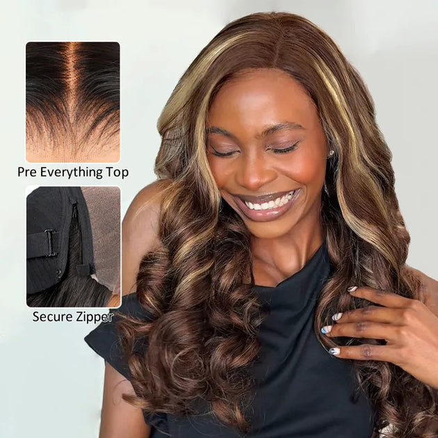 Ashimary PairUp Zippable Wig Highlight Body Wave Optional Replaceable ...