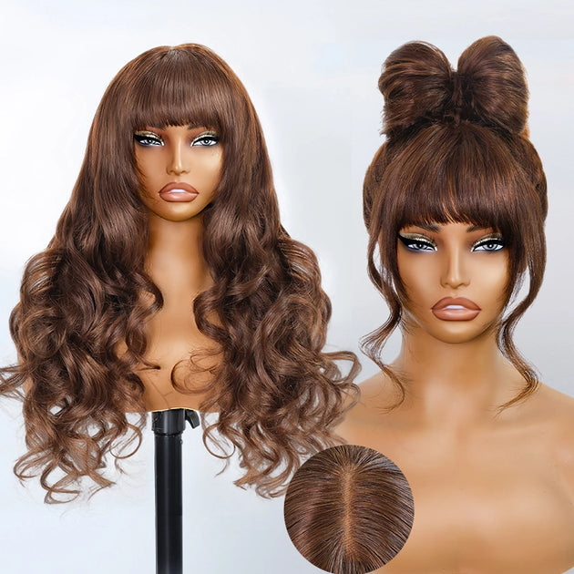 Body Wave Pre-Cut Layer With Bangs Pull Go 3x1 Lace Brown Wig True Sca ...