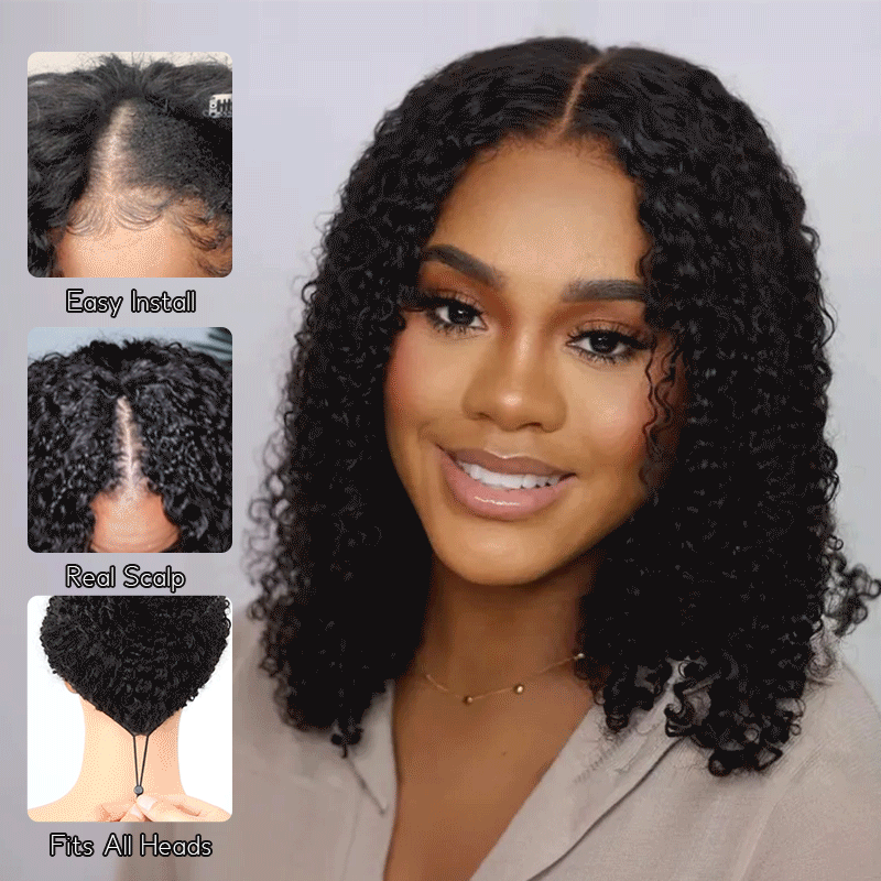 Glueless deep Wave curly Bob V Part Wig Beginner Friendly Natural Scalp ...