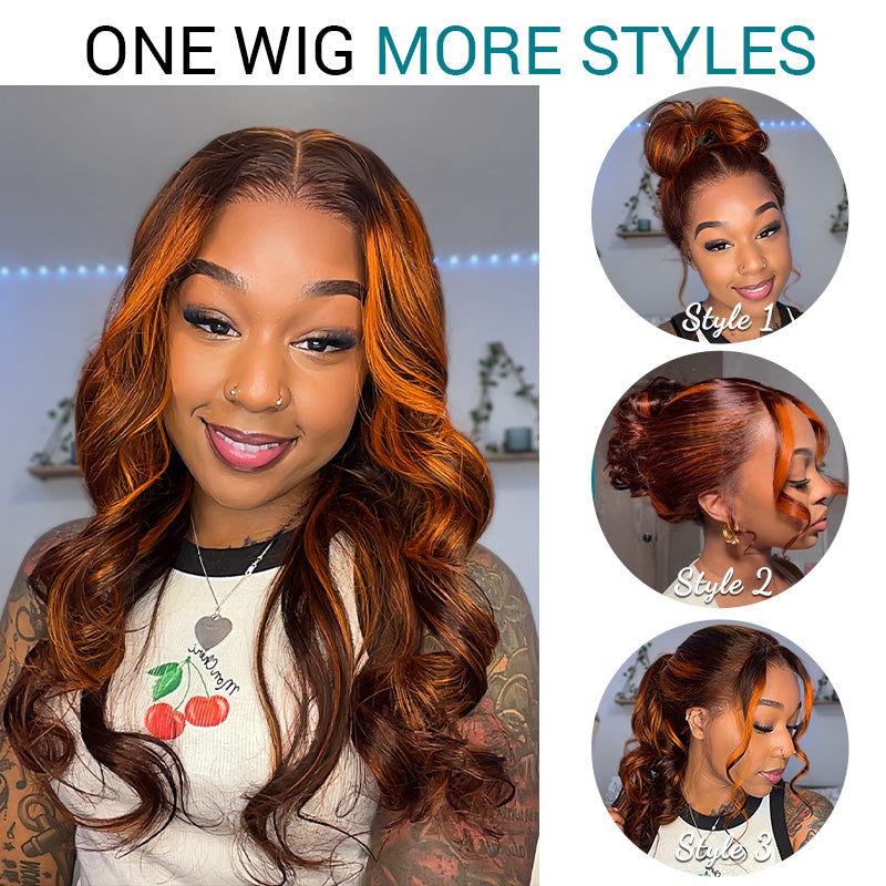 Salon Layer Cut Ginger Highlights On Brown Hair 360 Lace Frontal Invis ...
