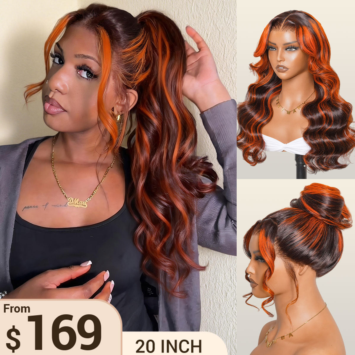 Salon Layer Cut Ginger Highlights On Brown Hair 360 Lace Frontal Invis ...