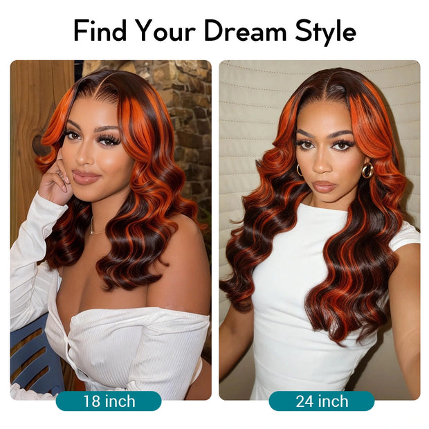 Salon Layer Cut Ginger Highlights On Brown Hair 360 Lace Frontal Invis ...