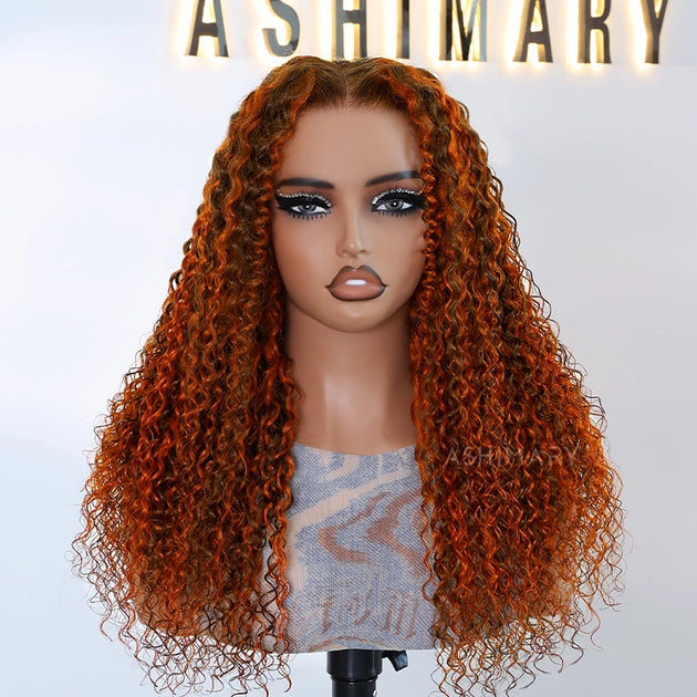 Ginger Highlight on Brown Water Wave Hair 6x4.5 Pull Go Lace Closure B ...