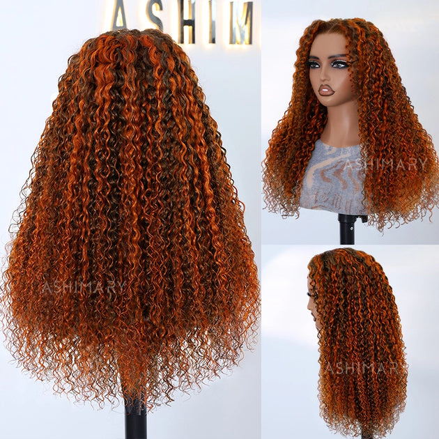 Ginger Highlight on Brown Water Wave Hair 6x4.5 Pull Go Lace Closure B ...