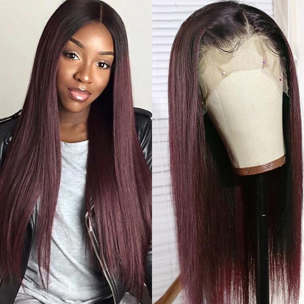 Straight Dark 99J Burgundy 13x4 Lace Front Wig Glueless Wigs 100% Huma – ashimaryhair