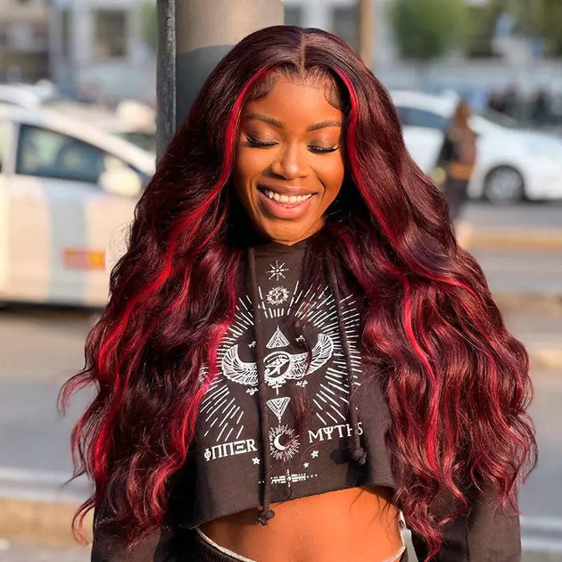 Highlight Red with Burgundy 99J Colored Body Wave Human Hair Wig 4x4 5 ...