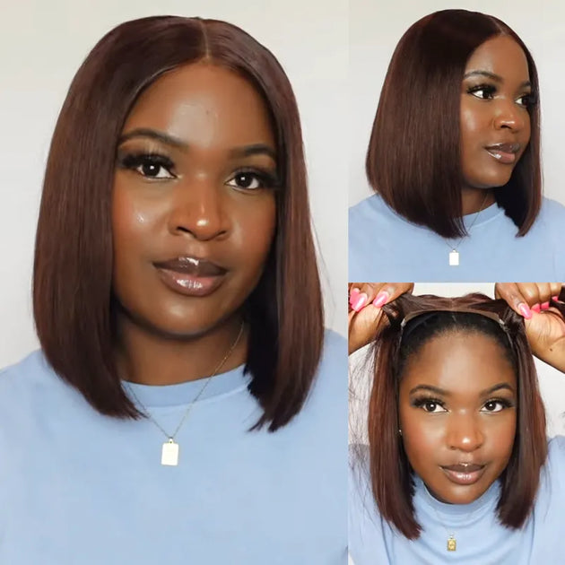 Rich Chocolate Brown 4x4 Lace Closure Straight Blunt Cut Bob Wig ...
