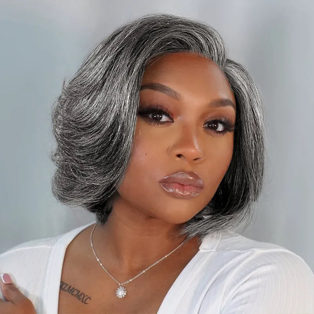 Salt and Pepper Pre-Styled Layered Cut Short Bob Wig Blowout Hairstyle ...