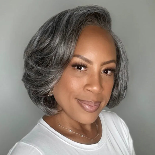 Salt and Pepper Pre-Styled Layered Cut Short Bob Wig Blowout Hairstyle ...