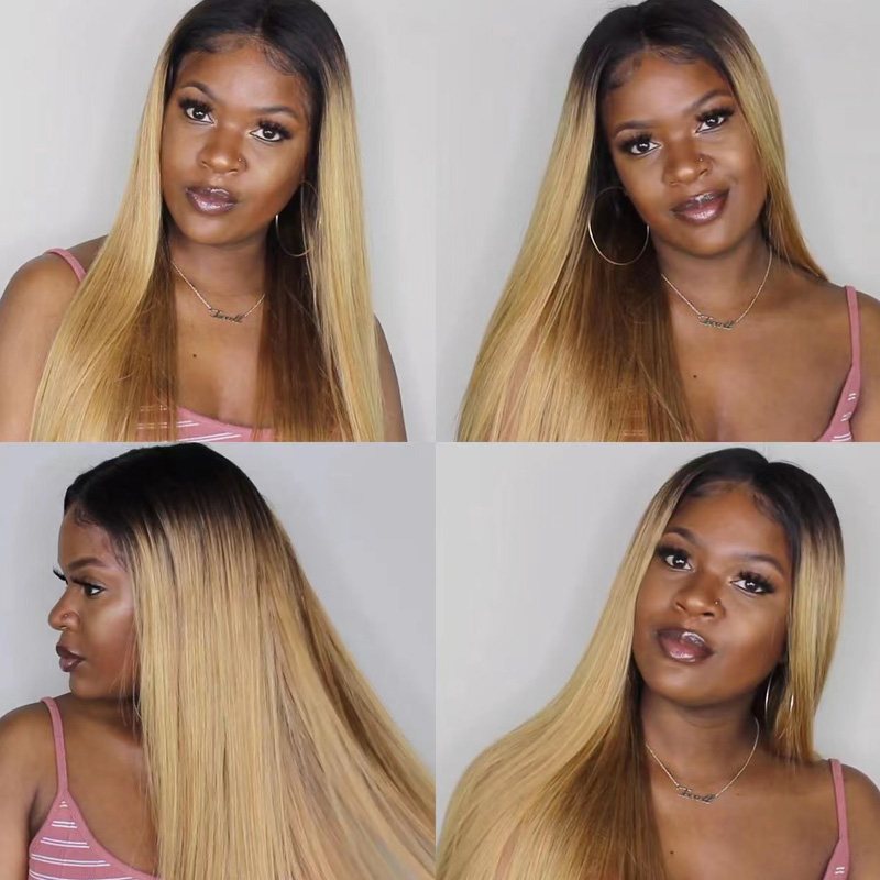 Ombre Honey Blonde T1b/27 Color Straight Hair 13x4 Lace Front Pre-pluc ...