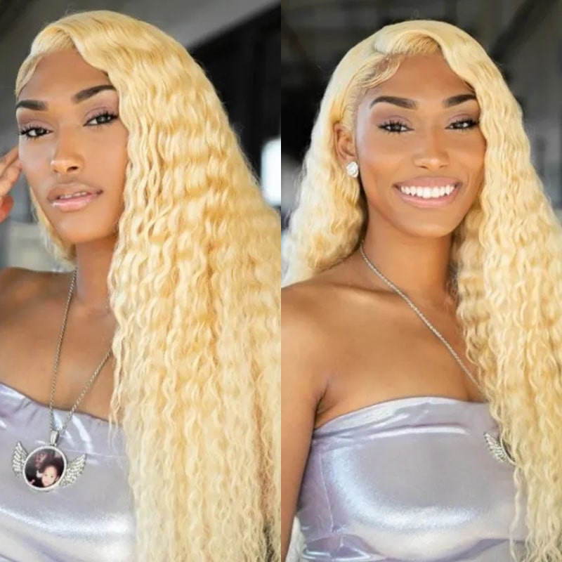 613 Blonde Water Wave 13x4 Lace Front Wig Transparent HD Lace Human Ha ...