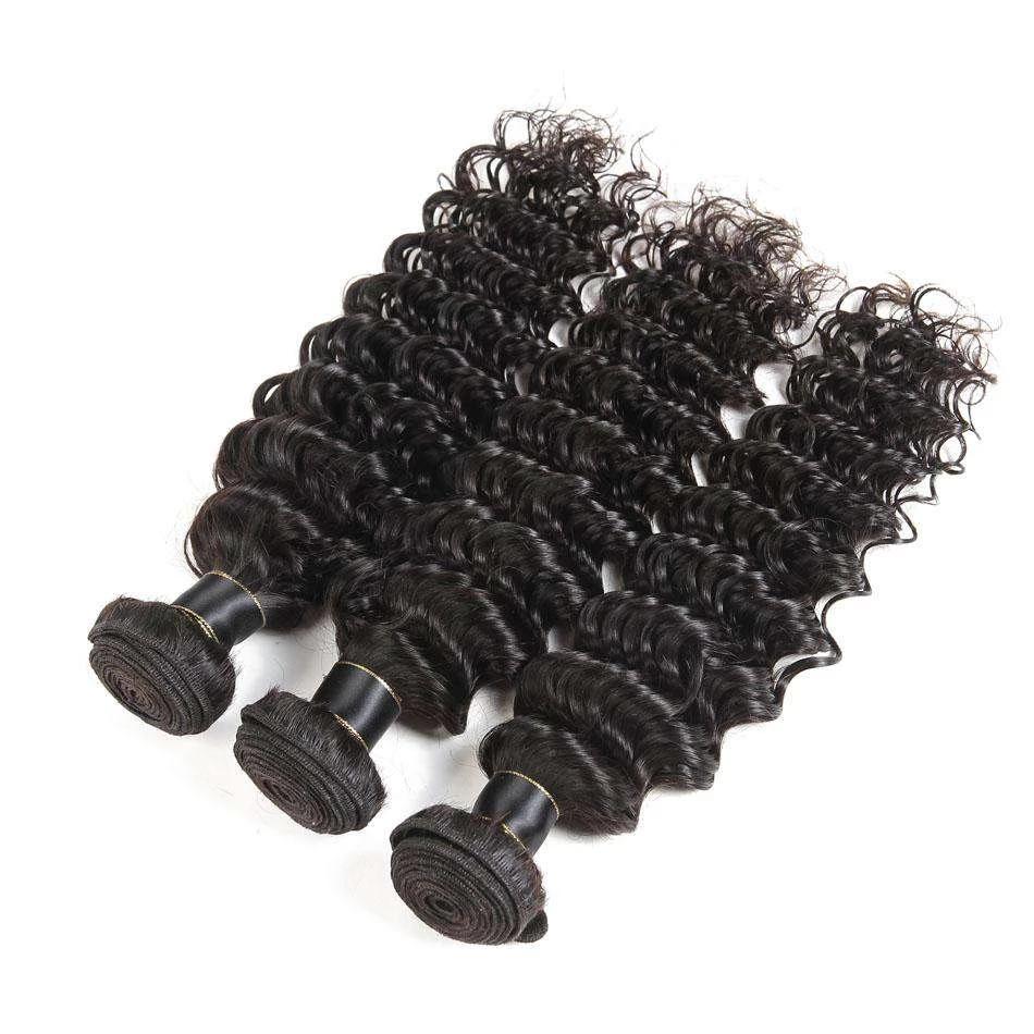 Deep Wave 3 Bundles with Closure Brazilian Curly Human Hair Weave ...