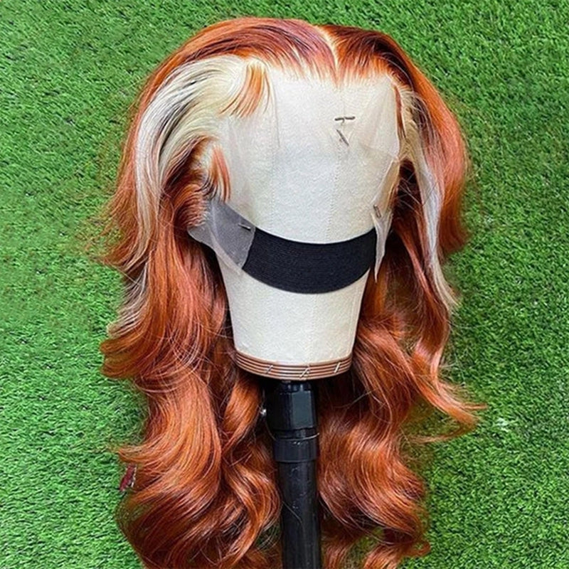 Ginger With Blonde Skunk Stripe Lace Front Wigs Body Wave Human Hair W ...
