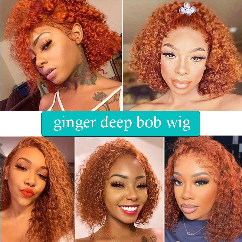 Deep Wave Ginger Bob Closure Wig Brazilian Human Hair Curly Wig Short ...