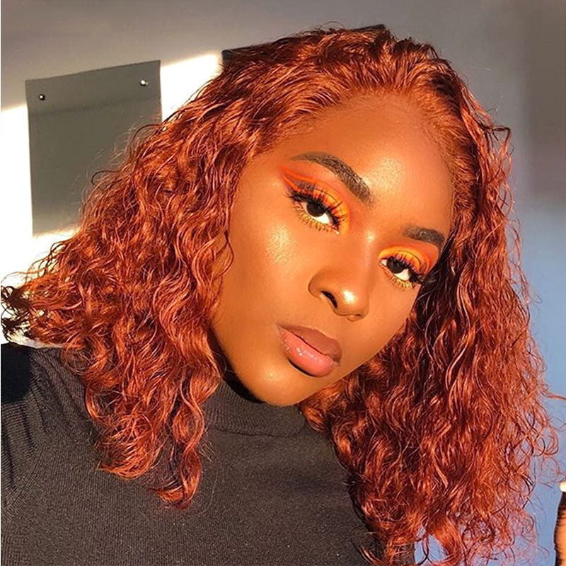 Deep Wave Ginger Bob Closure Wig Brazilian Human Hair Curly Wig Short ...