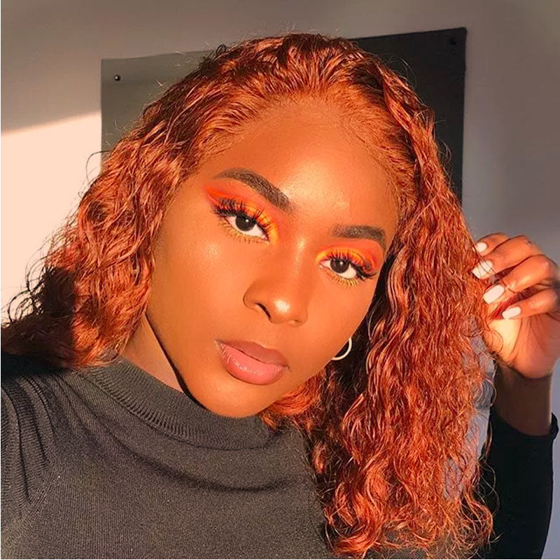 Deep Wave Ginger Bob Closure Wig Brazilian Human Hair Curly Wig Short ...