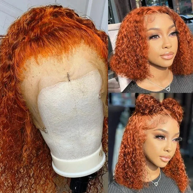 Deep Wave Ginger Bob Closure Wig Brazilian Human Hair Curly Wig Short ...