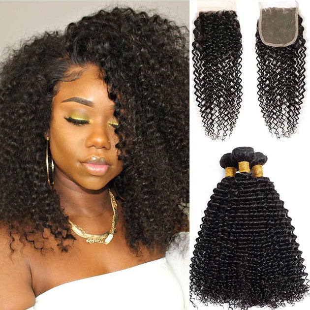 Kinky Curly Human Hair Weave Bundles With Closures - Ashimary Hair ...